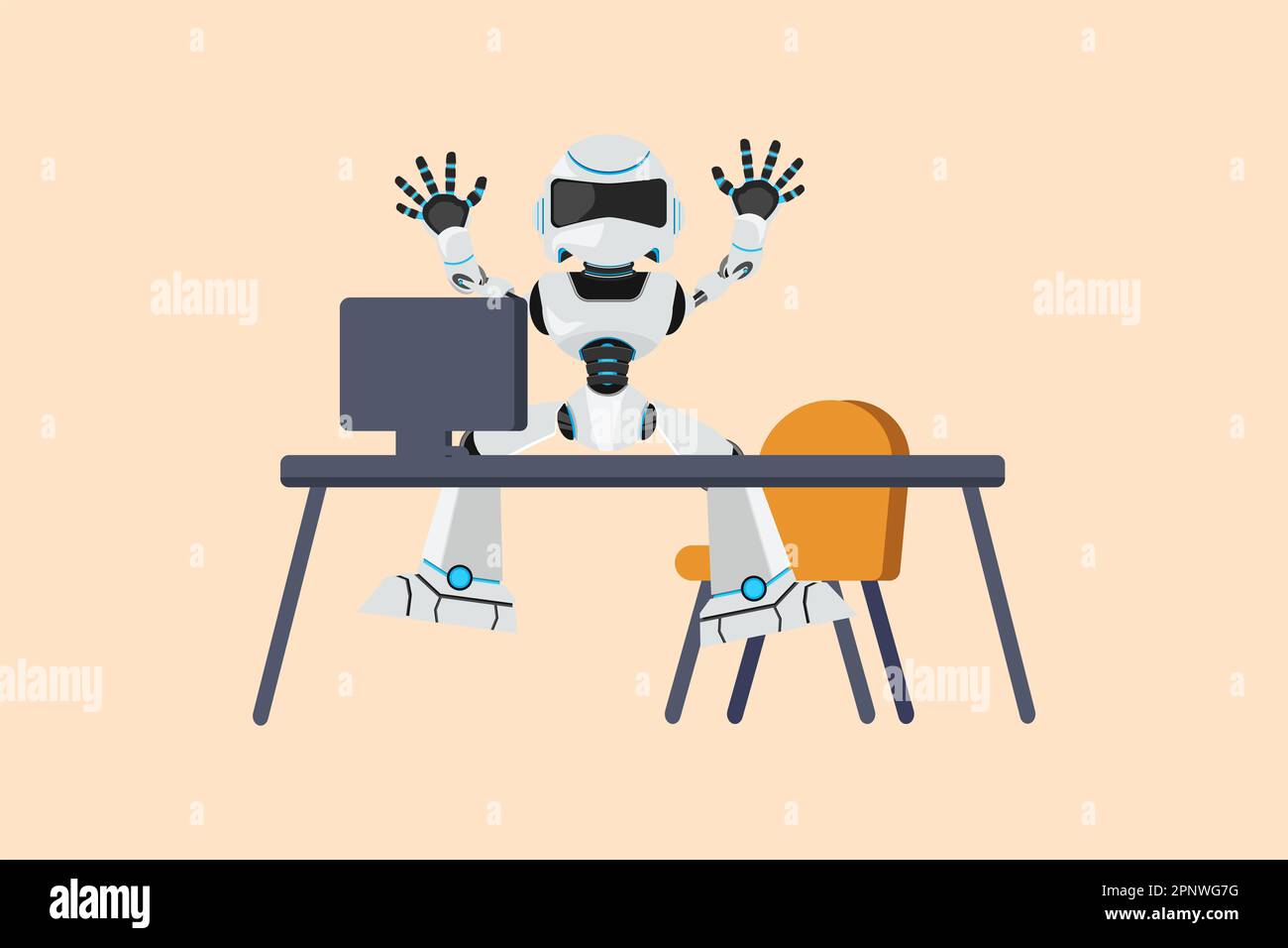 Business flat cartoon style drawing happy robot jumping with raised ...