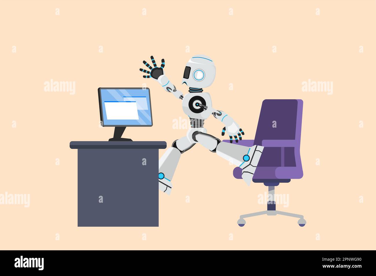 Business flat drawing happy robot jumping and dancing on his workplace ...