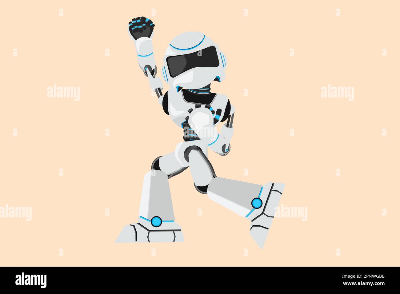 Business flat cartoon style drawing happy robot standing with raise one ...