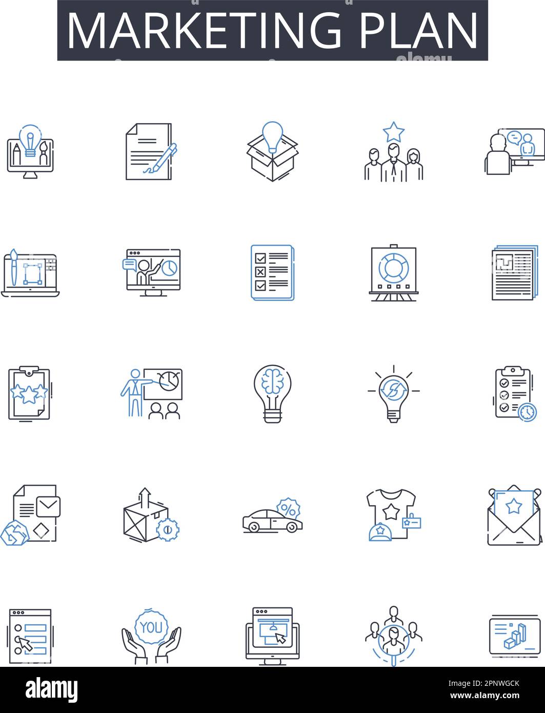 Marketing plan line icons collection. Sales pitch, Advertising scheme ...