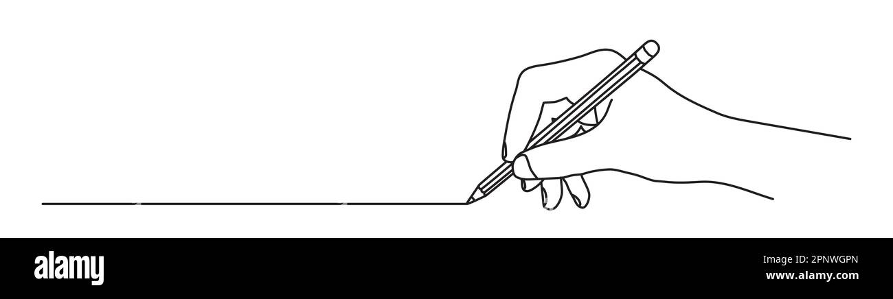 Hand holding a pencil and drawing a line. Hand drawn banner in thin ...