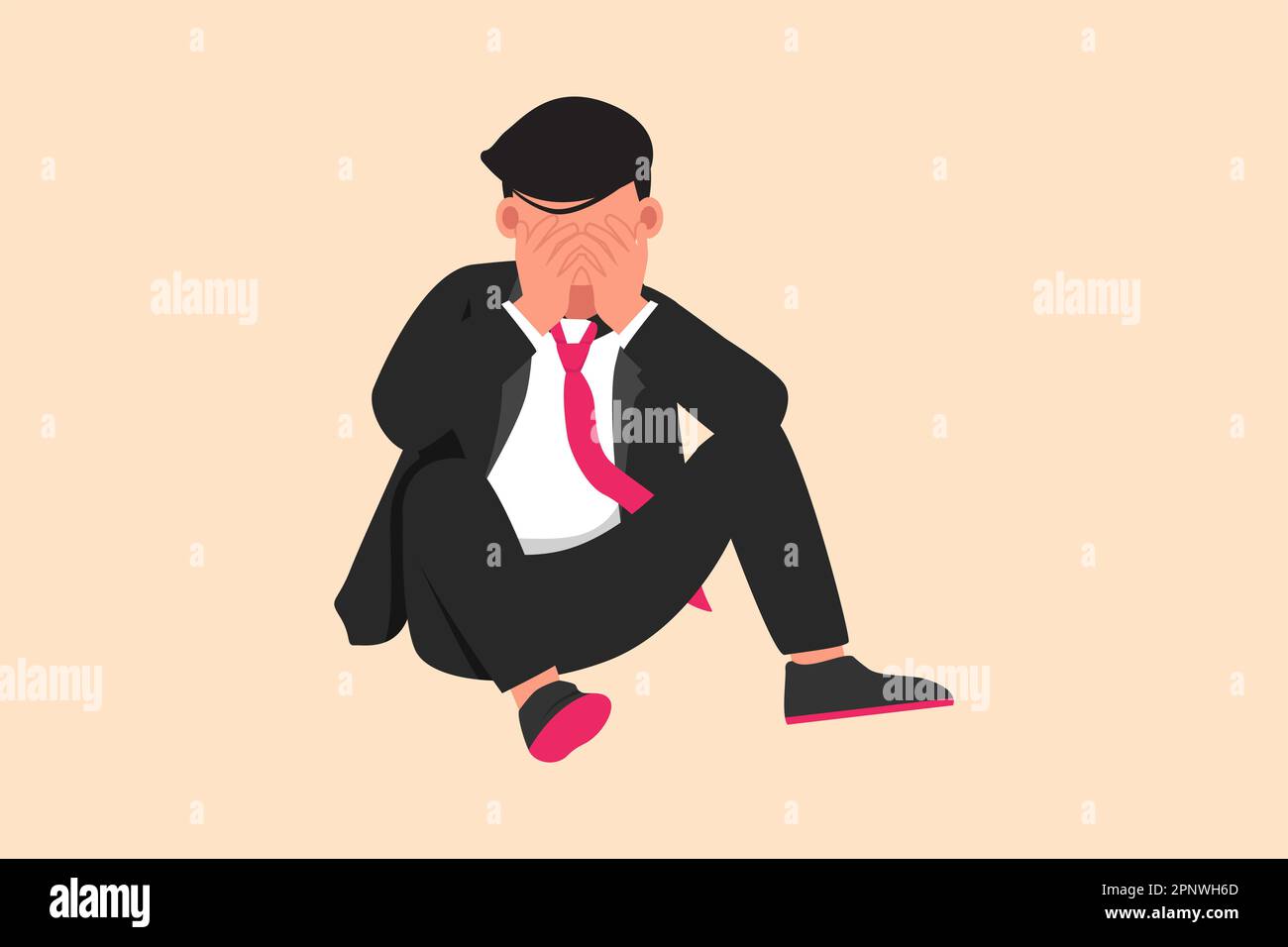 Business flat cartoon style drawing sad depressed businessman cover his ...