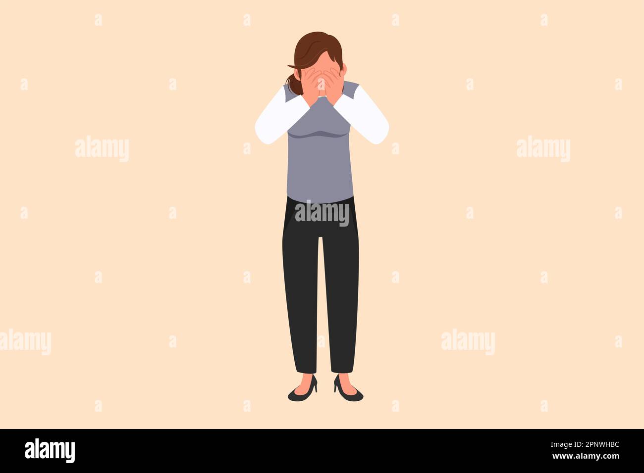 Business flat drawing depressed businesswoman cover her face by hands ...