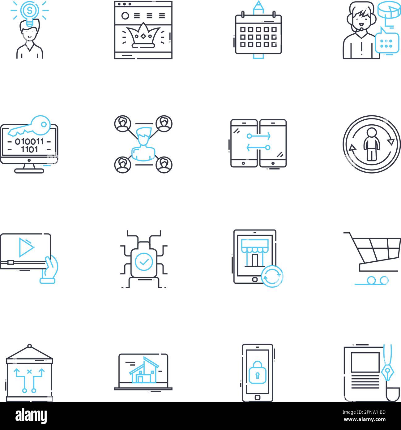 Internet outreach linear icons set. Interaction, Connection, Engagement, Awareness, Inclusion ...