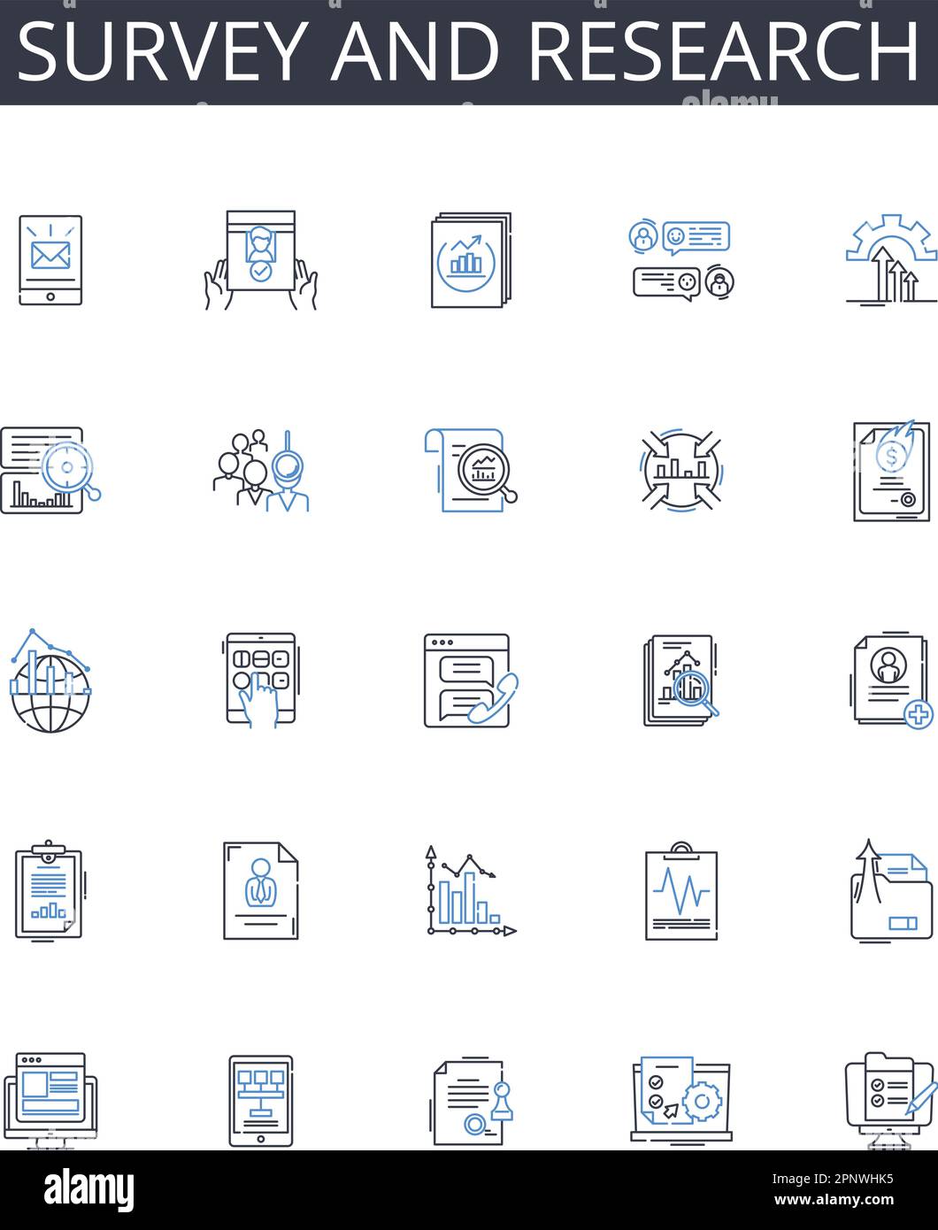 Survey and research line icons collection. Census, Sampling, Investigation, Query, Scrutiny ...