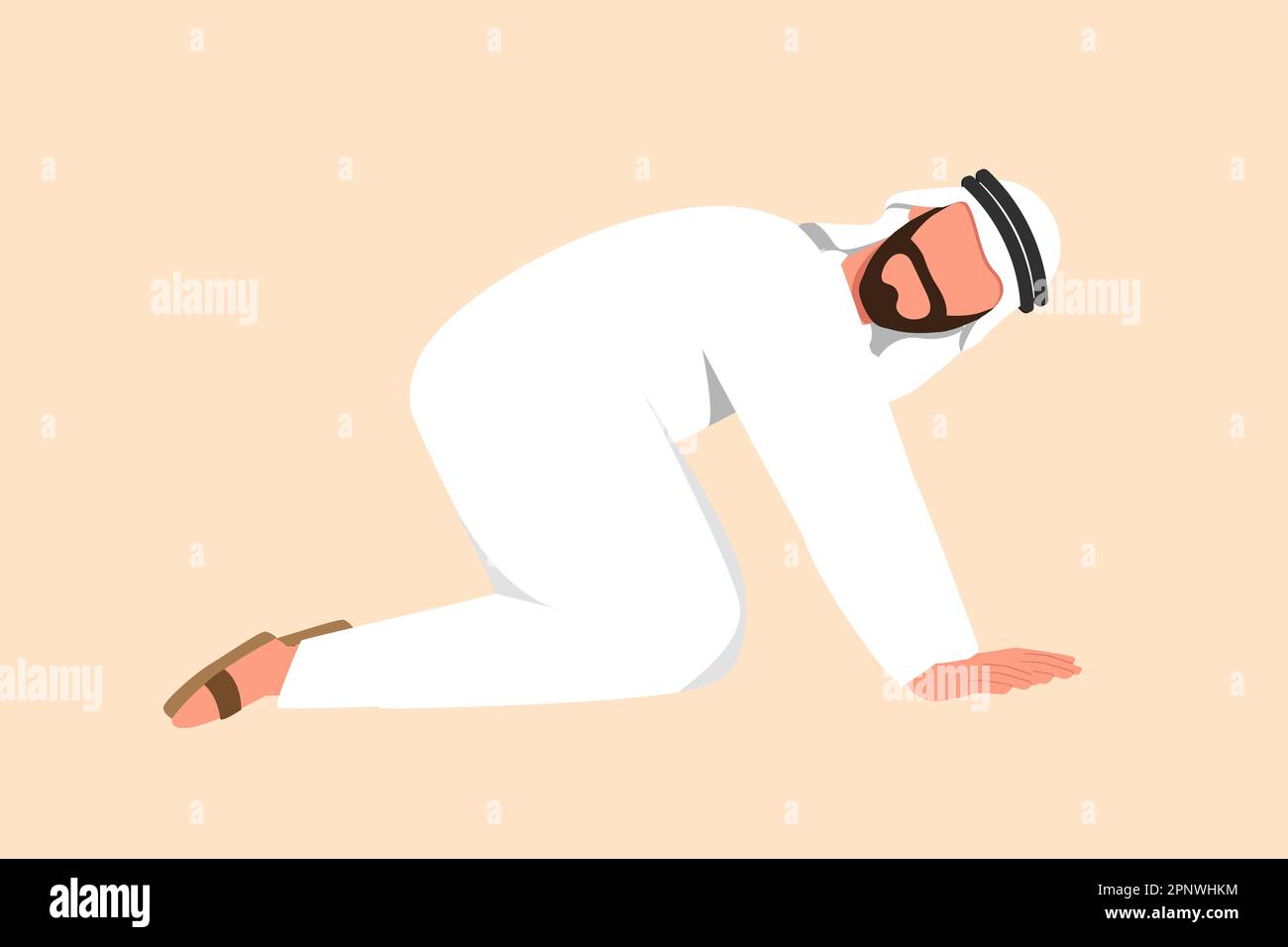 Business flat cartoon style drawing depressed Arab businessman crawling ...