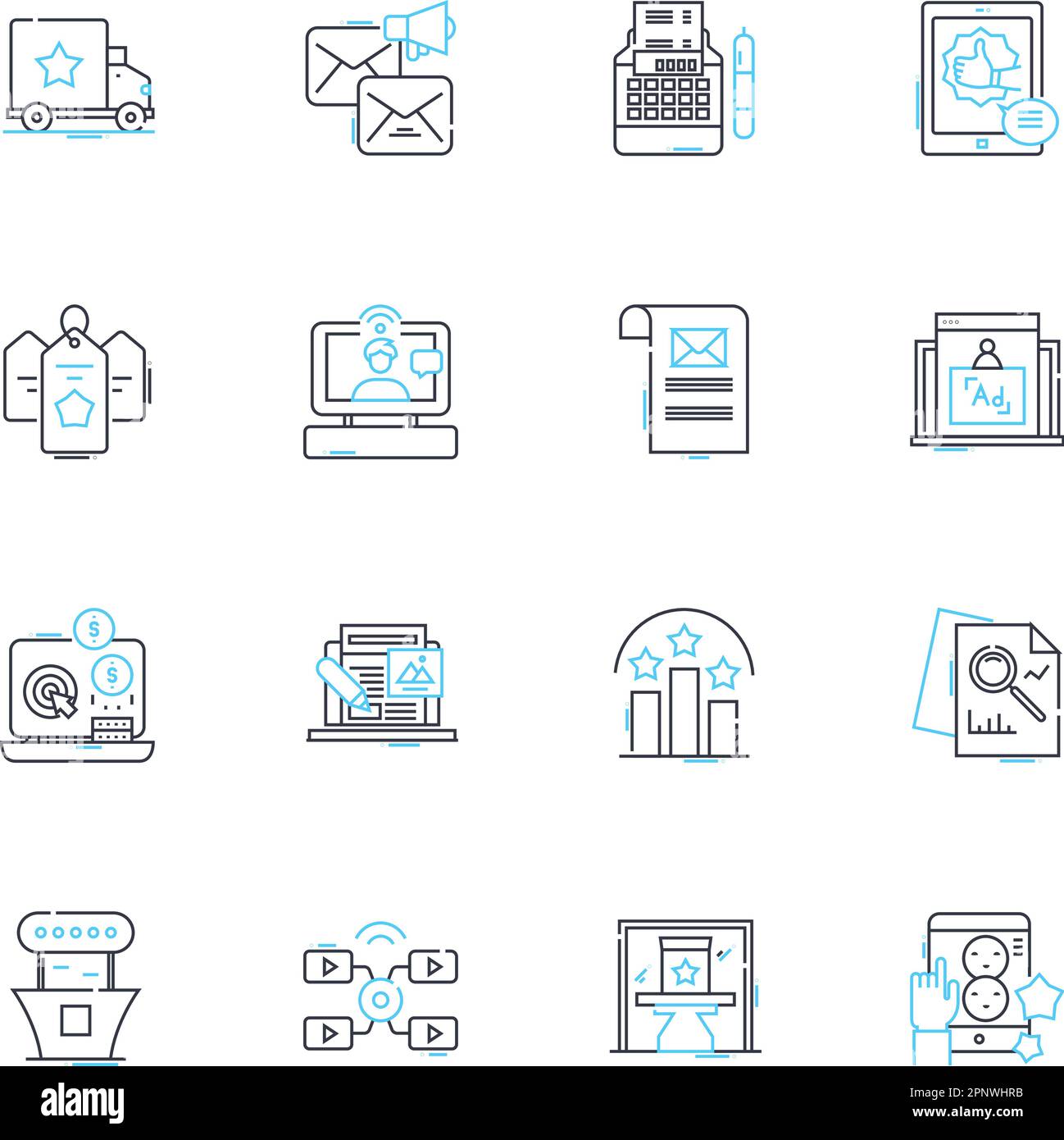 Public strategy linear icons set. Outreach, Advocacy, Communications, Messaging, Engagement ...