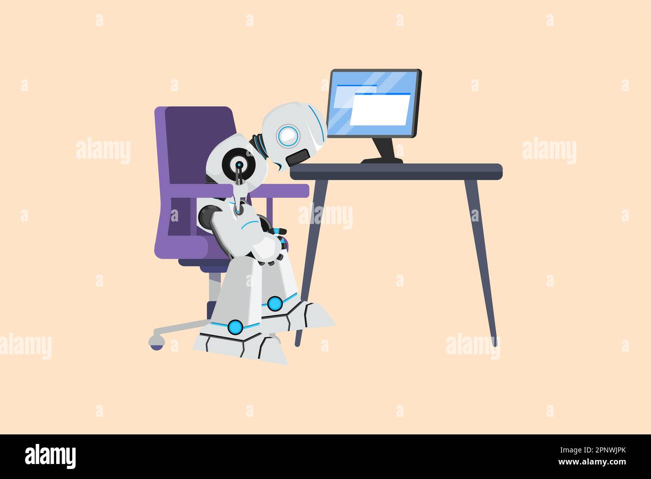 Business flat cartoon style drawing depressed robot sitting with head ...