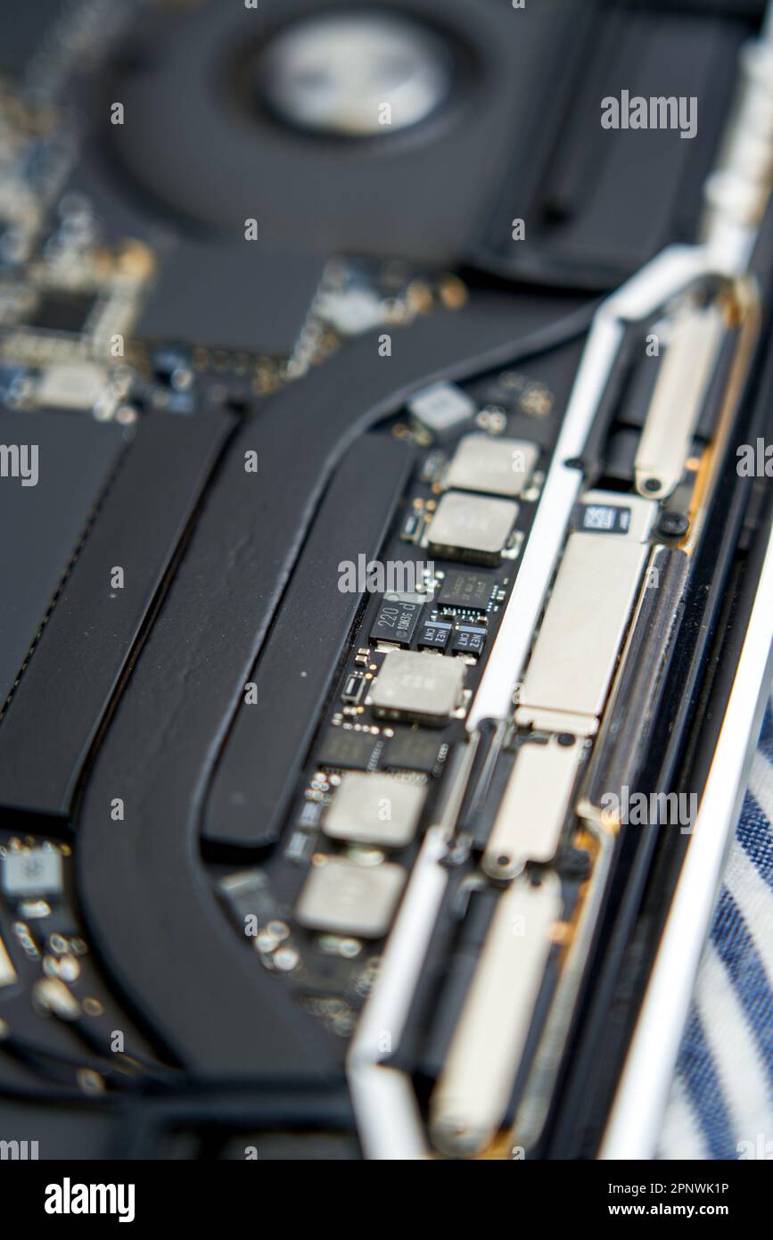 The internal structural electronic components of a disassembled high ...