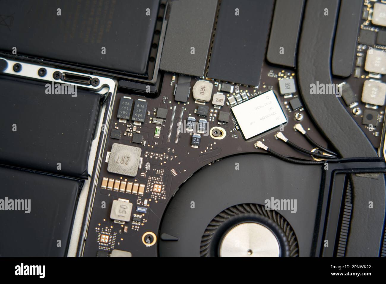 The internal structural electronic components of a disassembled high ...