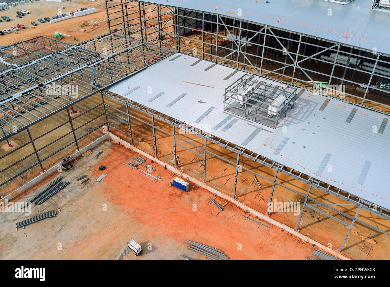 Steel frame truss framework construction of an industrial warehouse ...