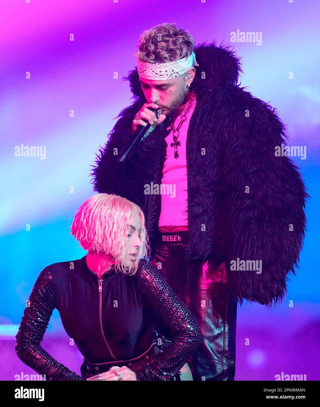 Chesca, left, and Dalex perform at the Latin American Music Awards on ...