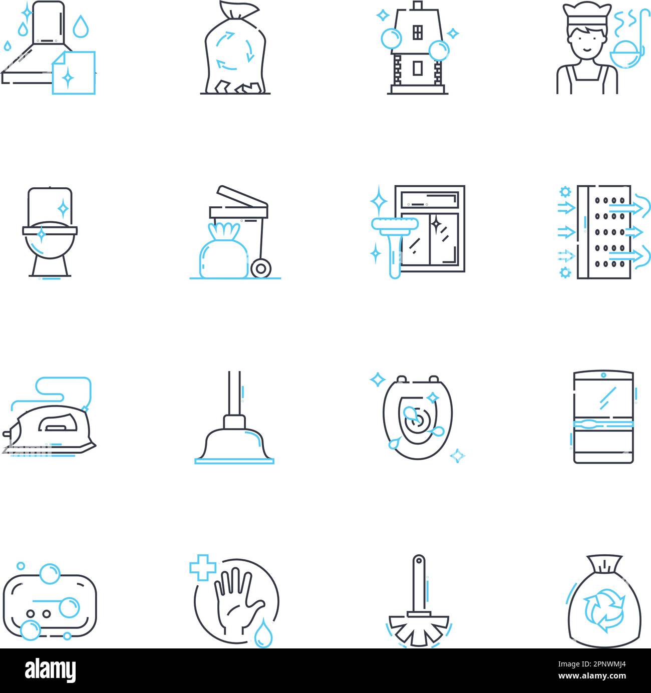 Cleaning services linear icons set. Sanitize, Disinfect, Tidy, Sweep, Scrub, Mop, Dust line ...
