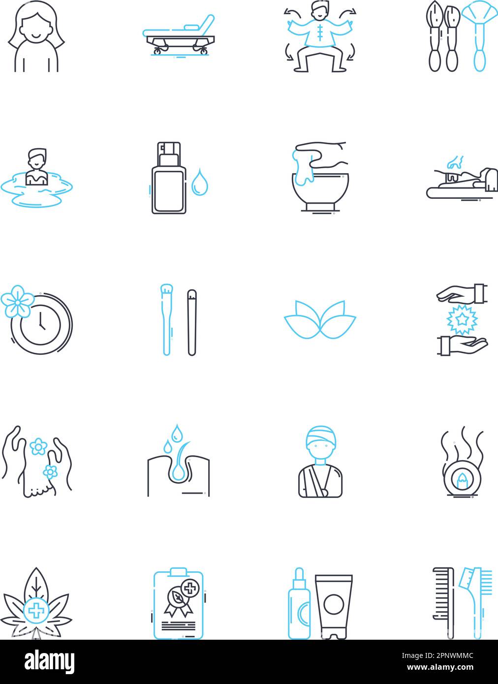 Day spa linear icons set. Relaxation, Indulgence, Serenity, Pampering, Rejuvenation, Tranquility ...