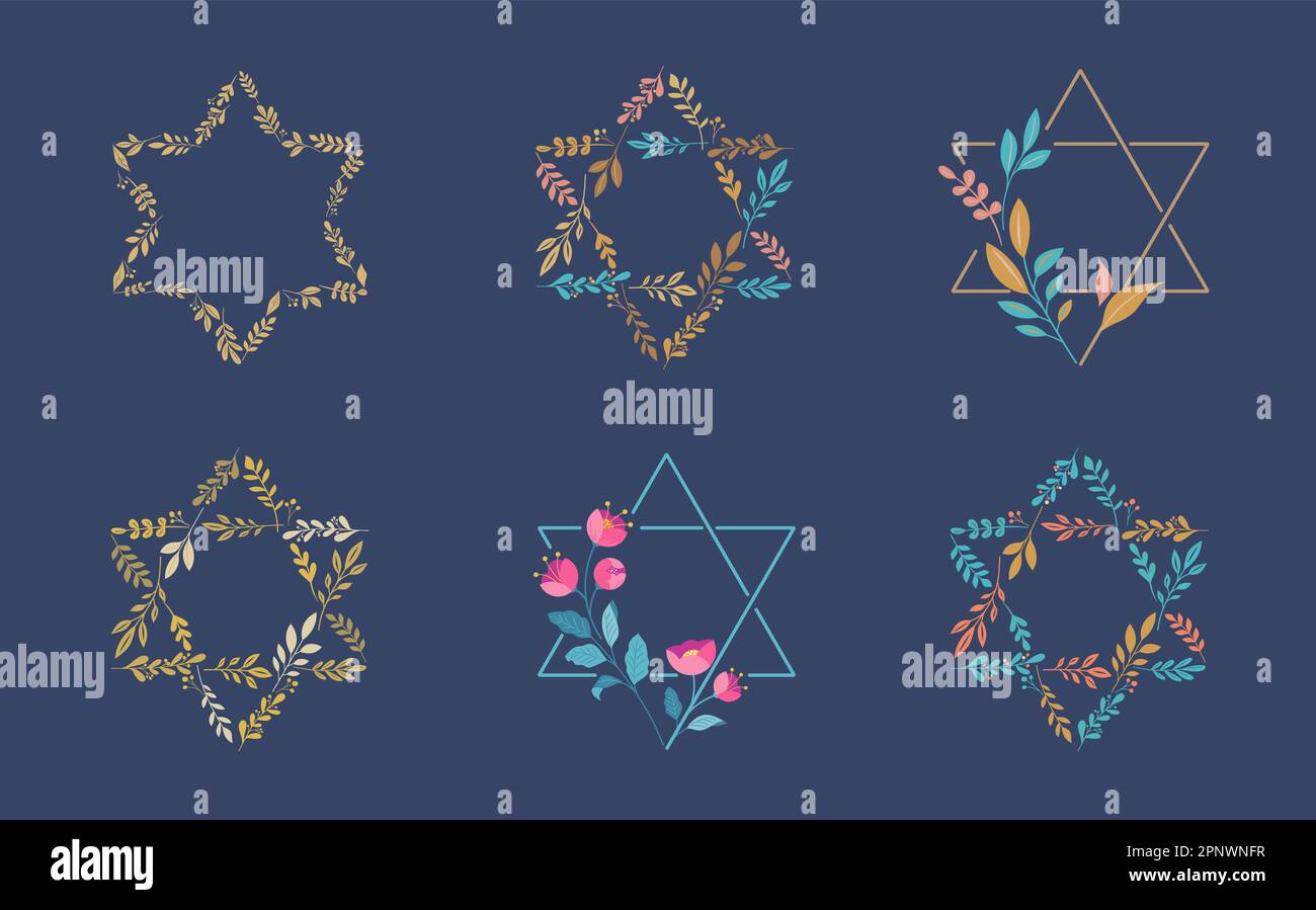 Jewish symbol. Star of David with leaves, flowers collection. Bat and ...