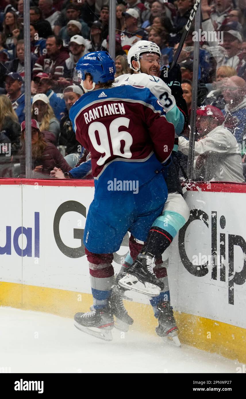 Colorado Avalanche right wing Mikko Rantanen (96) checks Seattle Kraken ...