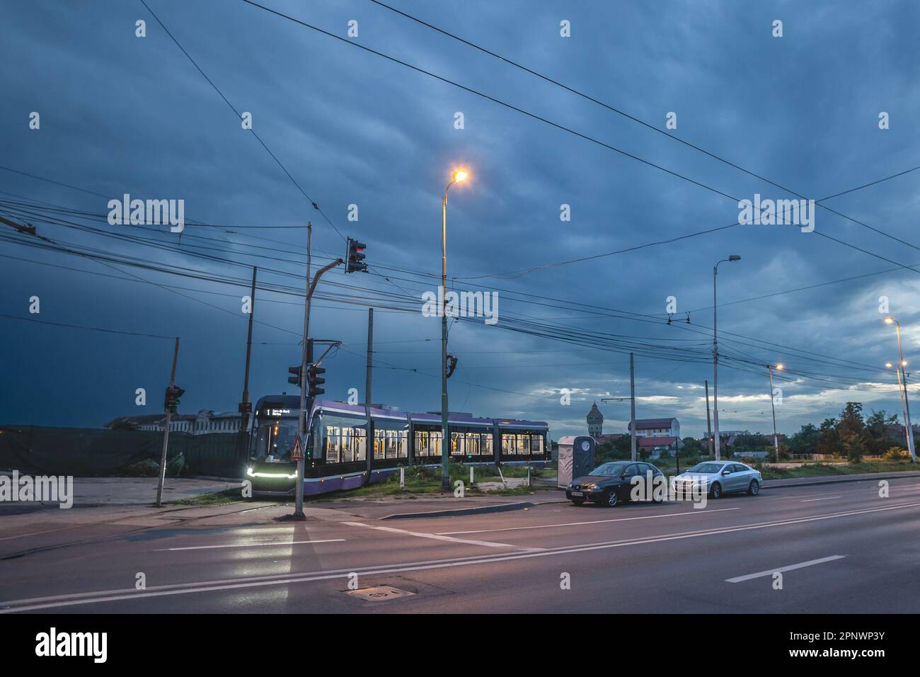 Picture of a tram of Timisoara tram waiting in the center of the city ...