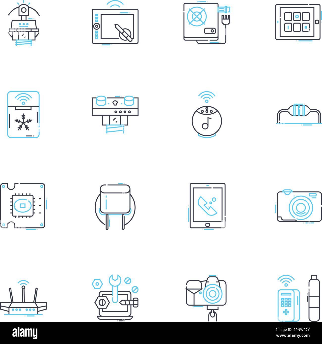 Digital devices linear icons set. Smartph, Tablet, Laptop, Desktop, Camera, Printer, Scanner ...