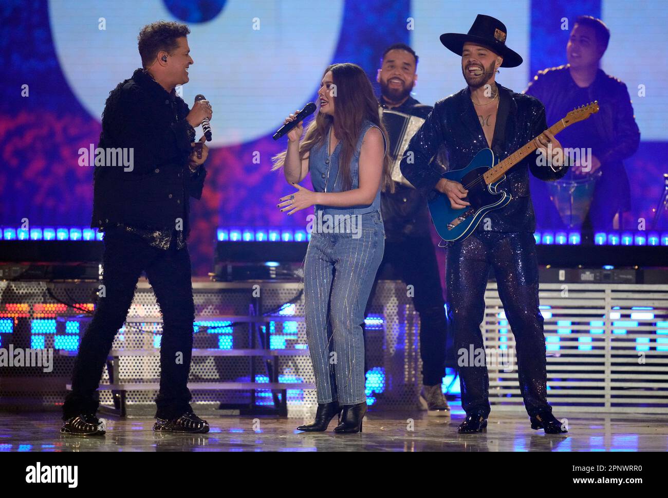 Carlos Vives, from left, and Joy Huerta and Jesse Huerta of Jesse & Joy ...