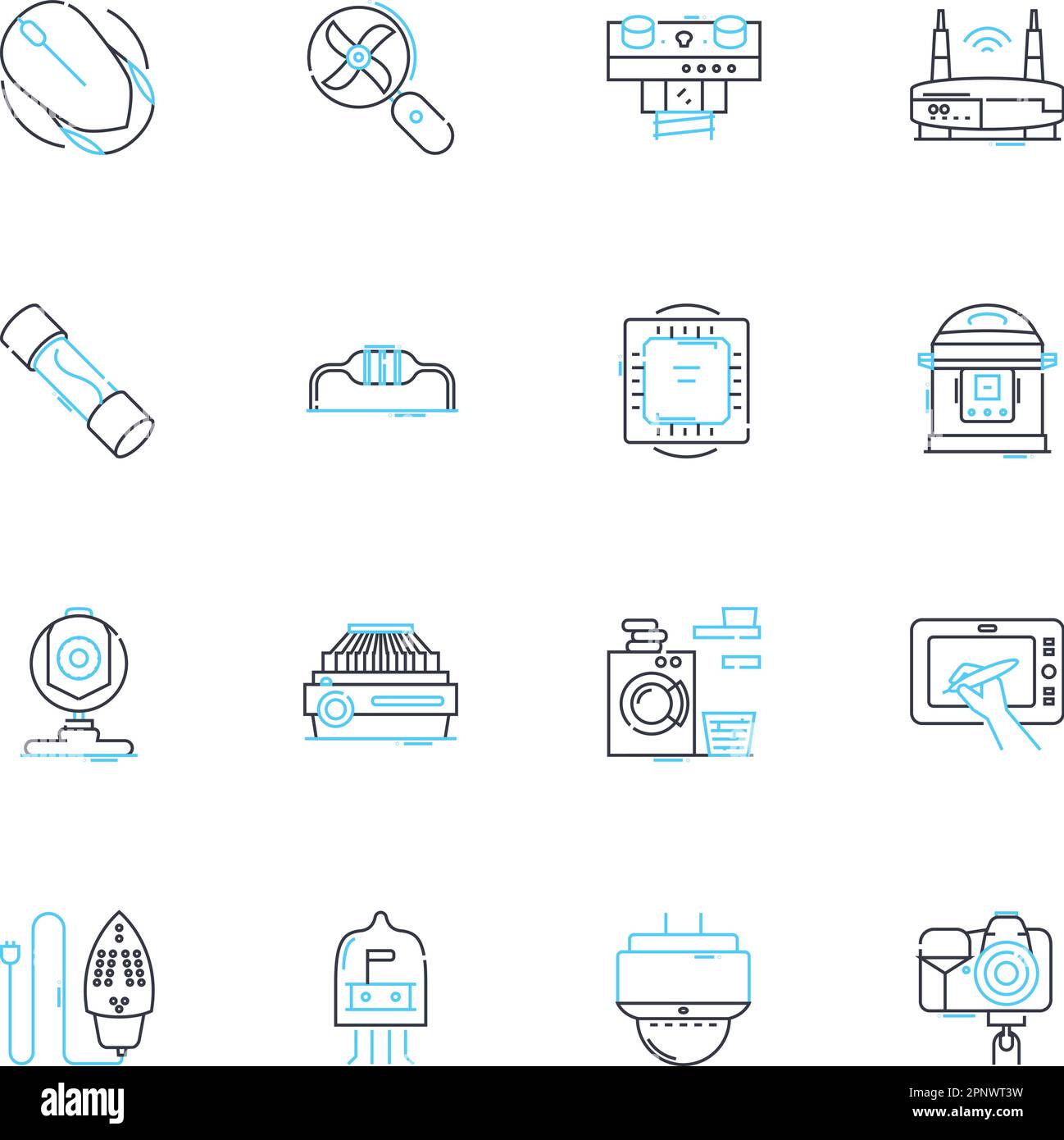 Digital devices linear icons set. Smartph, Tablet, Laptop, Desktop, Camera, Printer, Scanner ...