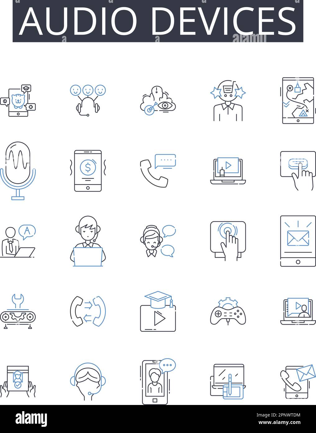 Audio devices line icons collection. Text messages, Video games ... Audio devices line icons collection. Text messages, Video games ...