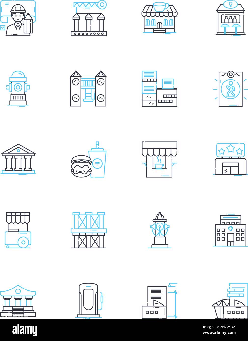 Construction experts linear icons set. Concrete, Steel, Foundation ...