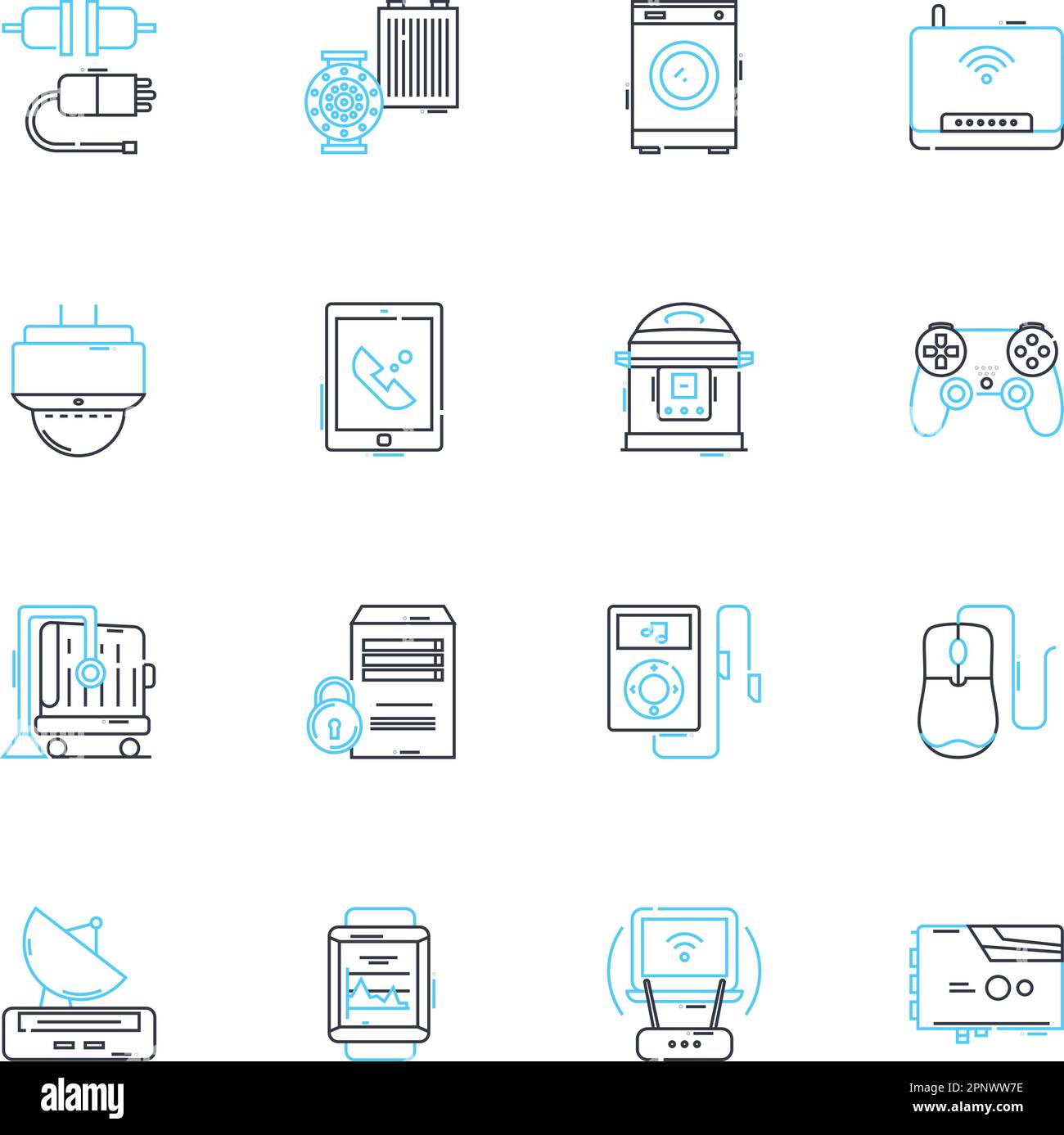 Digital devices linear icons set. Smartph, Tablet, Laptop, Computer, Camera, Gaming, Headphs ...