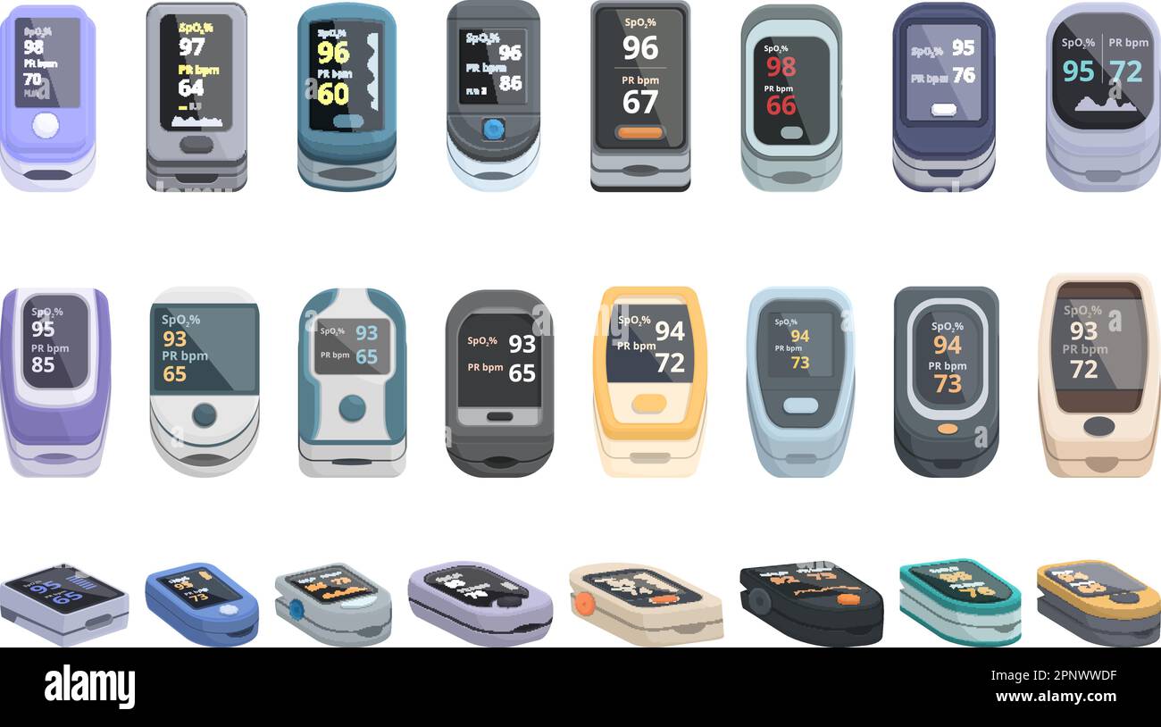 Pulse oximeter icons set cartoon vector. Blood health. Monitor sensor ...