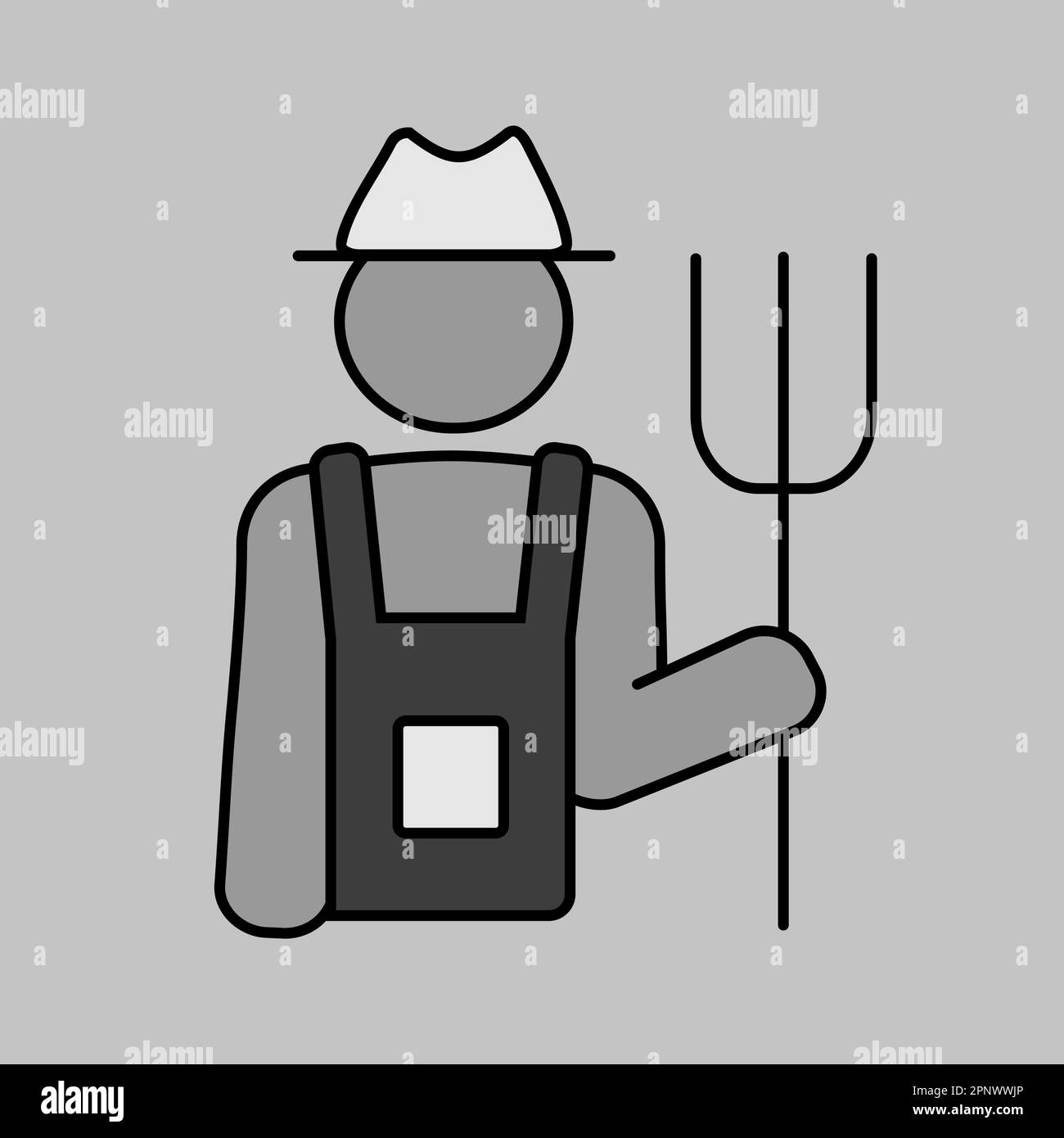 Farmer holding pitchfork isolated vector grayscale icon. Graph symbol ...
