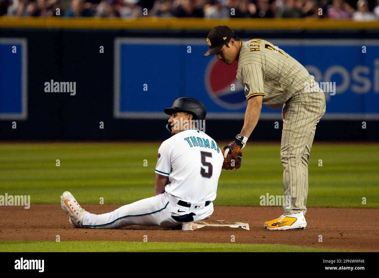 Arizona Diamondbacks center fielder Alek Thomas (5) reacts after ...