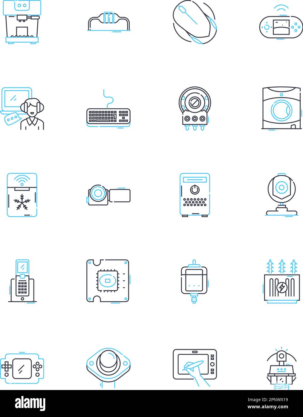 Hi-tech gadgets linear icons set. Robotics, Nanotechnology, Smartwatch, Virtual reality ...