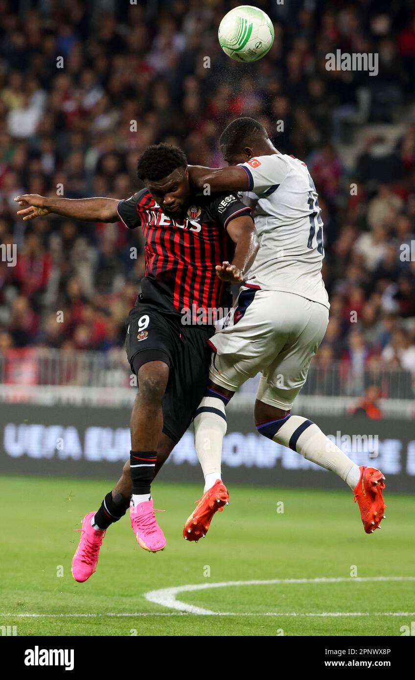Nice, France. 20th Apr, 2023. Terem Moffi of Nice, Kasim Nuhu of Basel ...