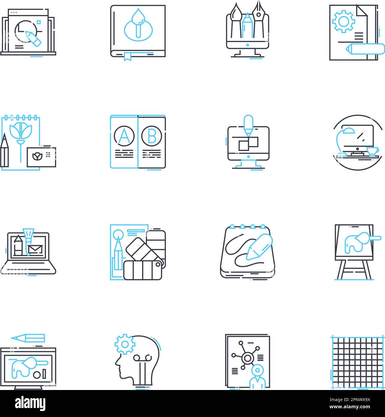 2D artist linear icons set. Sketching, Drawing, Shading, Coloring ...