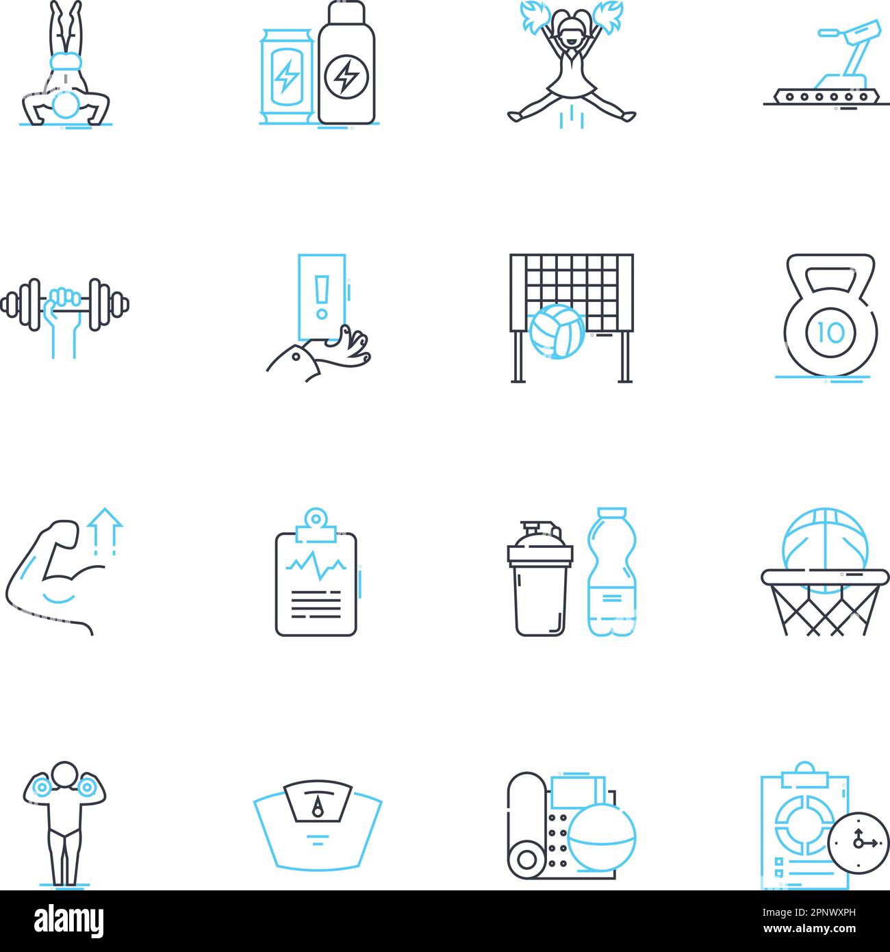 Bodybuilding linear icons set. Fitness, Strength, Muscles, Workout, Gym, Endurance, Nutrition ...