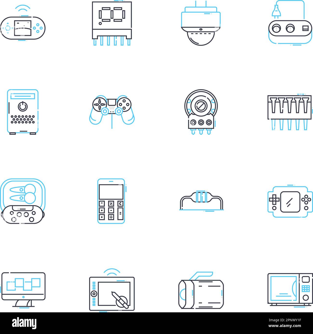 Digital gadgets linear icons set. Smartph, Laptop, Tablet, Smartwatch, Earbuds, Gaming, Virtual ...