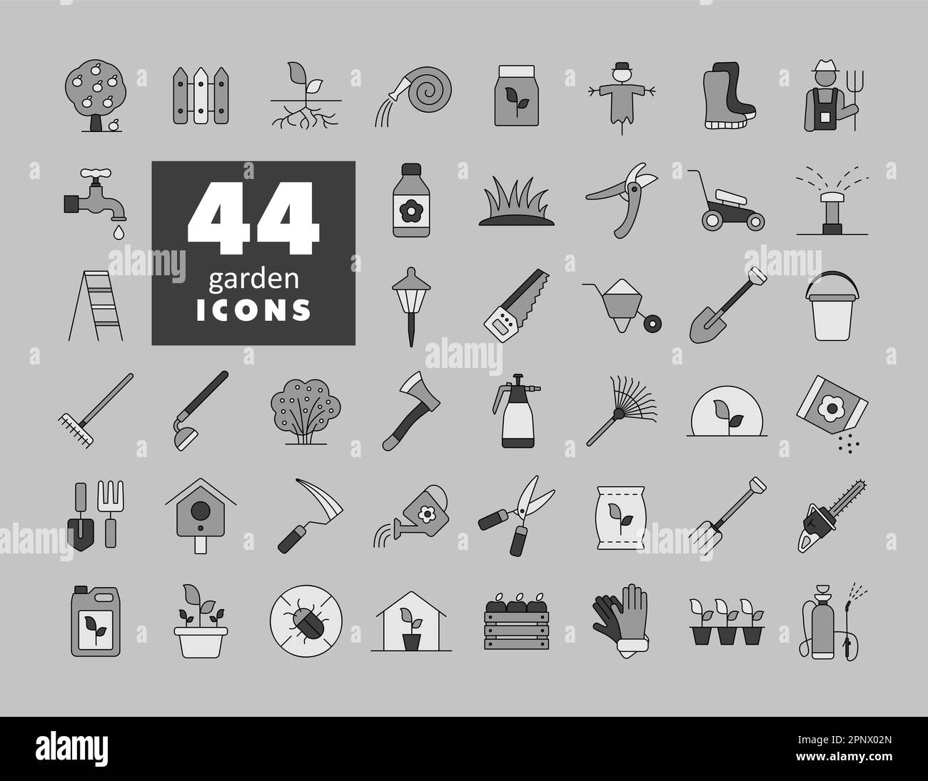 Gardening and Planting isolated vector grayscale icons set. Graph ...