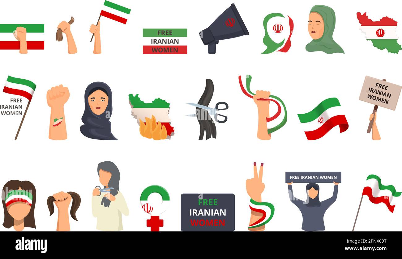 Iran protests icons set cartoon vector. Woman flag. People news Stock ...