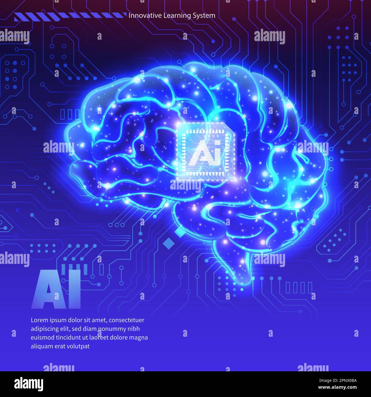 AI technology concept chipset on abstract shinny gradient brain in ...