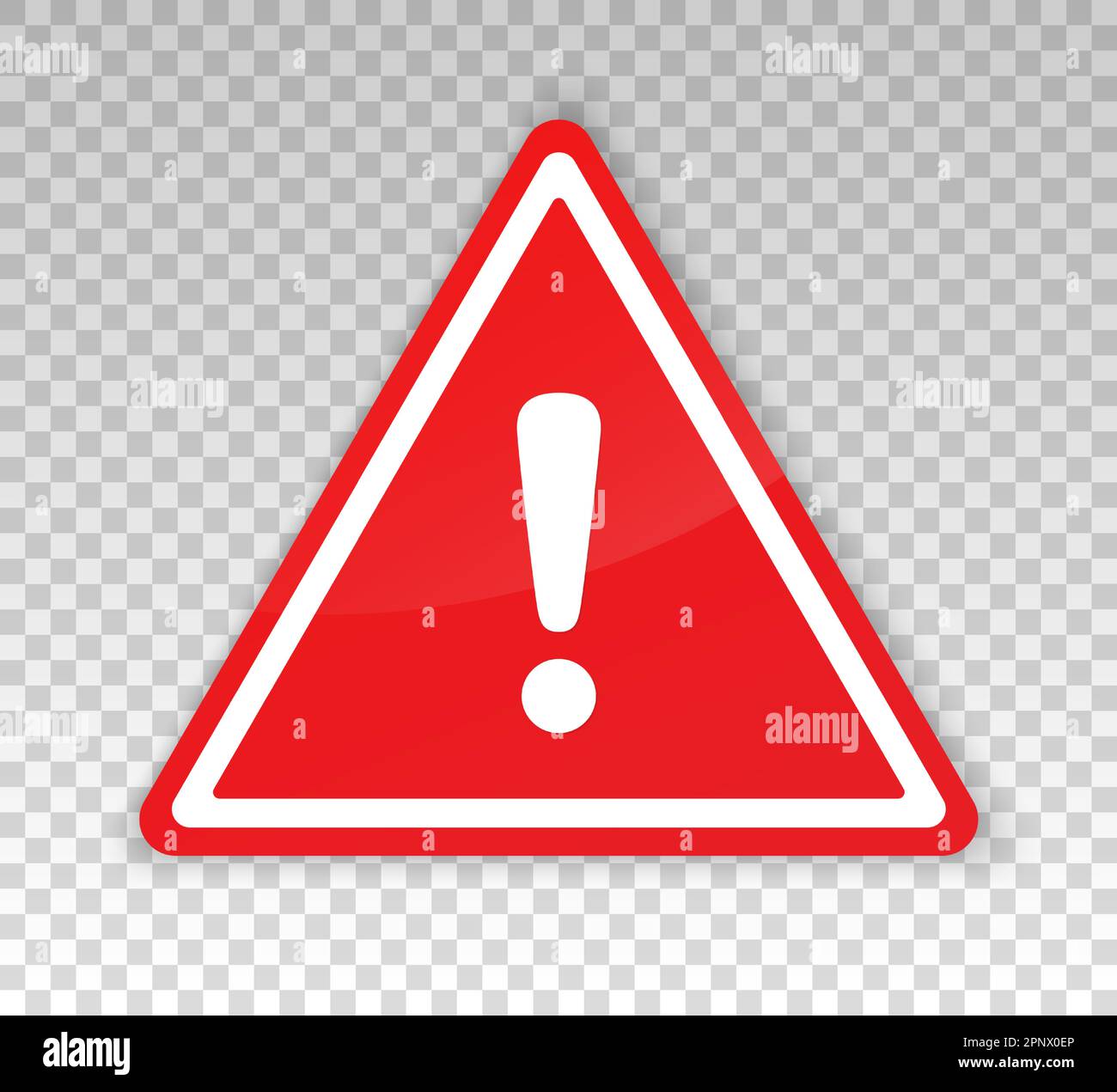 Alert icon. Attention warning in red triangle. White exclamation mark isolated on transparent ...