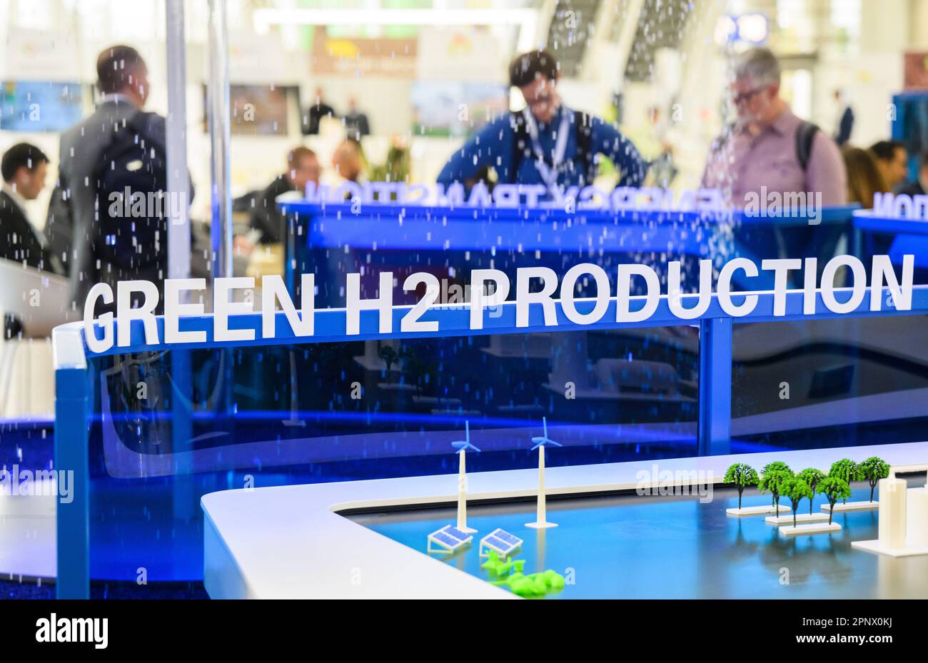 Hanover, Germany. 20th Apr, 2023. The slogan "Green H2 Production" is ...