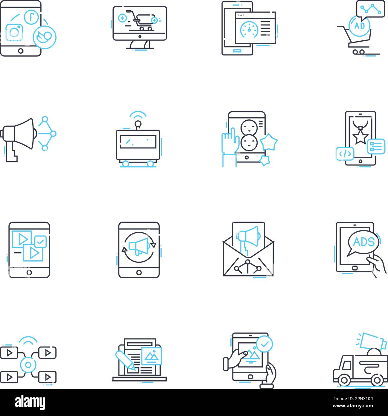 Branding approaches linear icons set. Differentiation, Identity, Storytelling, Consistency ...