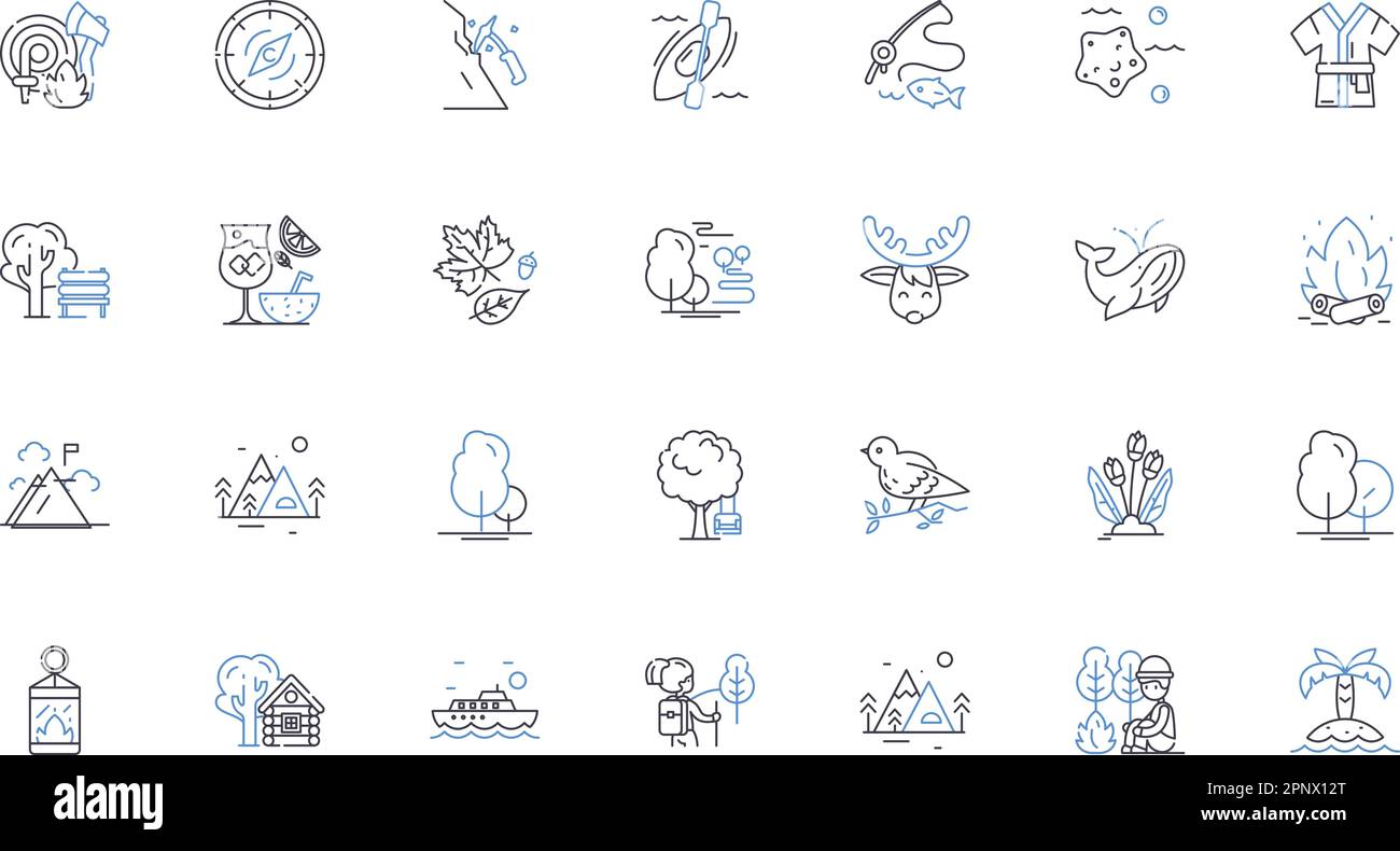 Scenic forest hike line icons collection. Winding, Tranquil, Dappled ...