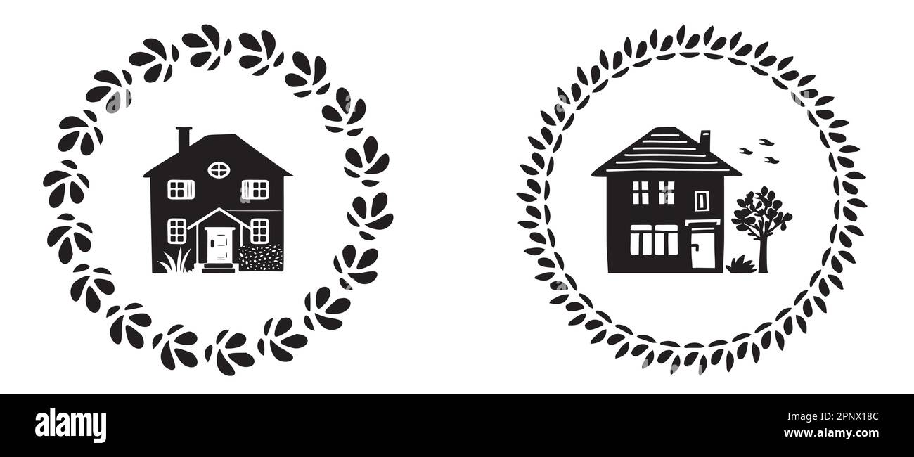 Cute rustic cottage motif in vintage style frame set. Vector ...