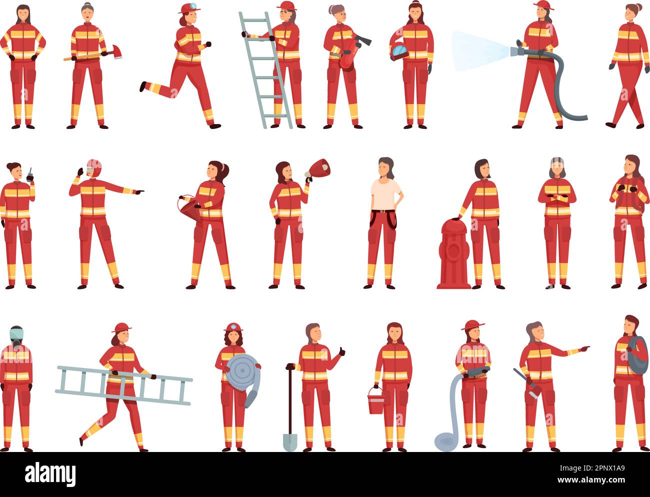 Woman firefighter icons set cartoon vector. Work girl. Person rescue ...