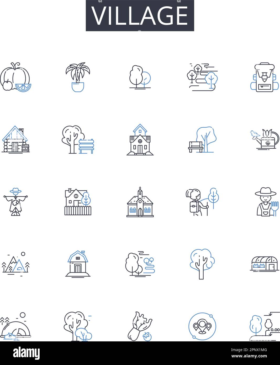 Village line icons collection. Hamlet, Small town, Rural community ...