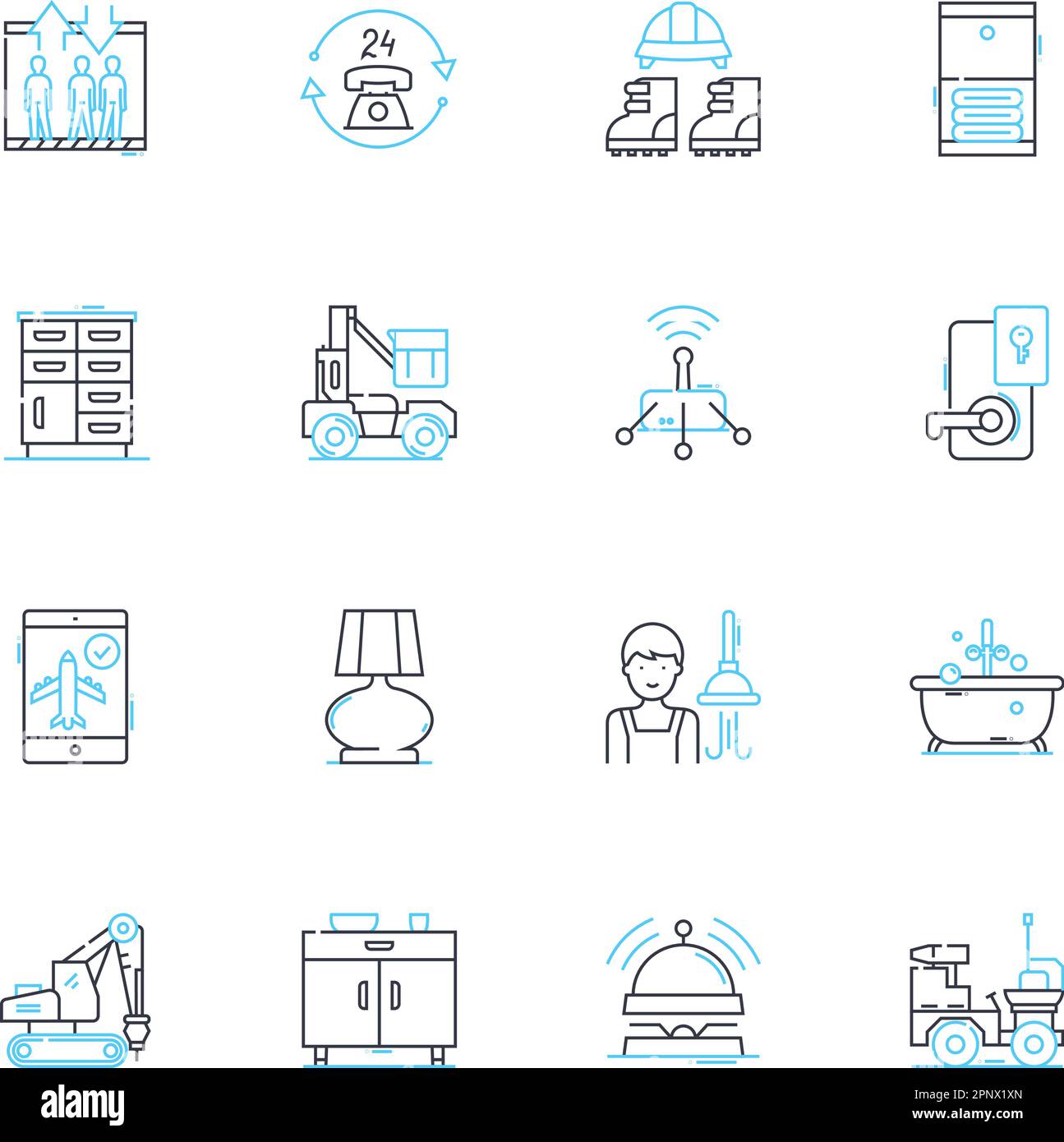 Accommodation amenities linear icons set. Comfortable, Spacious ...