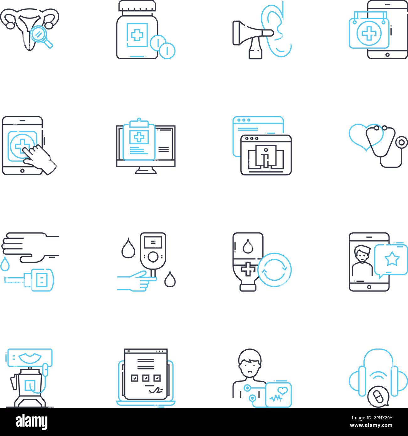 Medical treatment linear icons set. Diagnosis, Therapy, Medicine ...