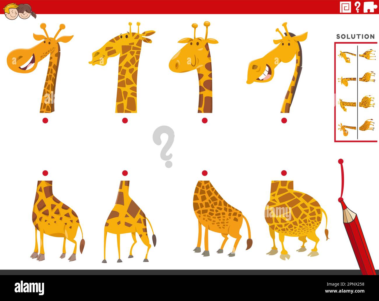 Cartoon illustration of educational game of matching halves of pictures ...