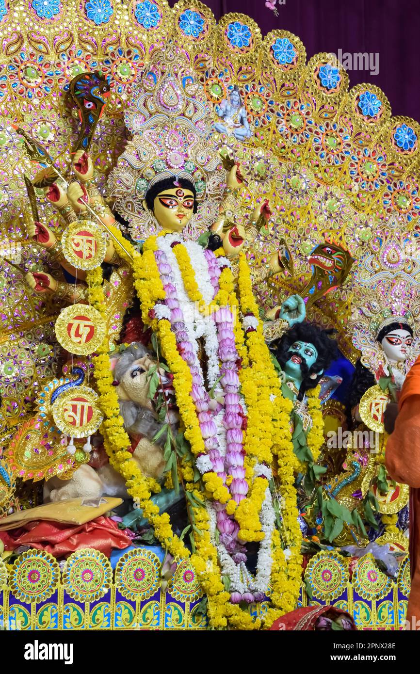 Goddess Durga with traditional look in close up view at a South Kolkata ...