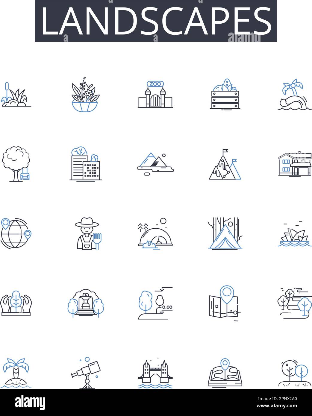 Landscapes line icons collection. Mountainscapes, Waterscapes ...